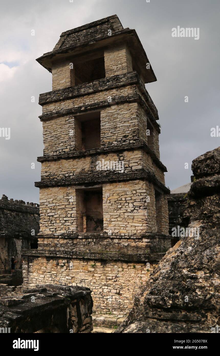 The tower of the Palace in the Mayan city of Palenque, Mexico Stock ...