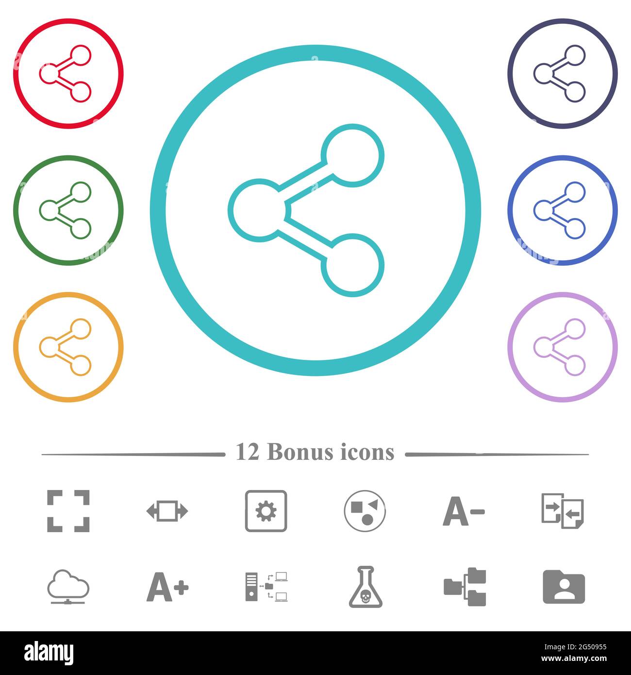 Share flat color icons in circle shape outlines. 12 bonus icons ...