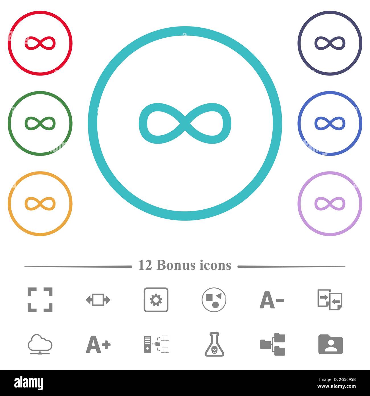 Infinity symbol flat color icons in circle shape outlines. 12 bonus ...