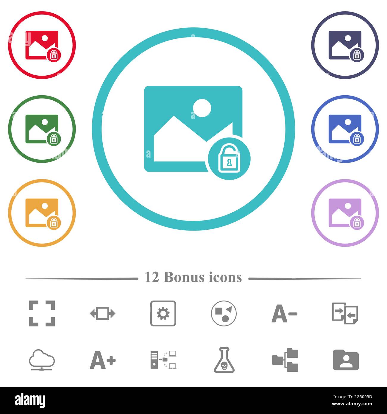 Unlocked image flat color icons in circle shape outlines. 12 bonus ...