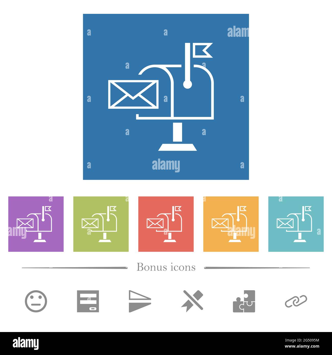 Mail received outline flat white icons in square backgrounds. 6 bonus ...