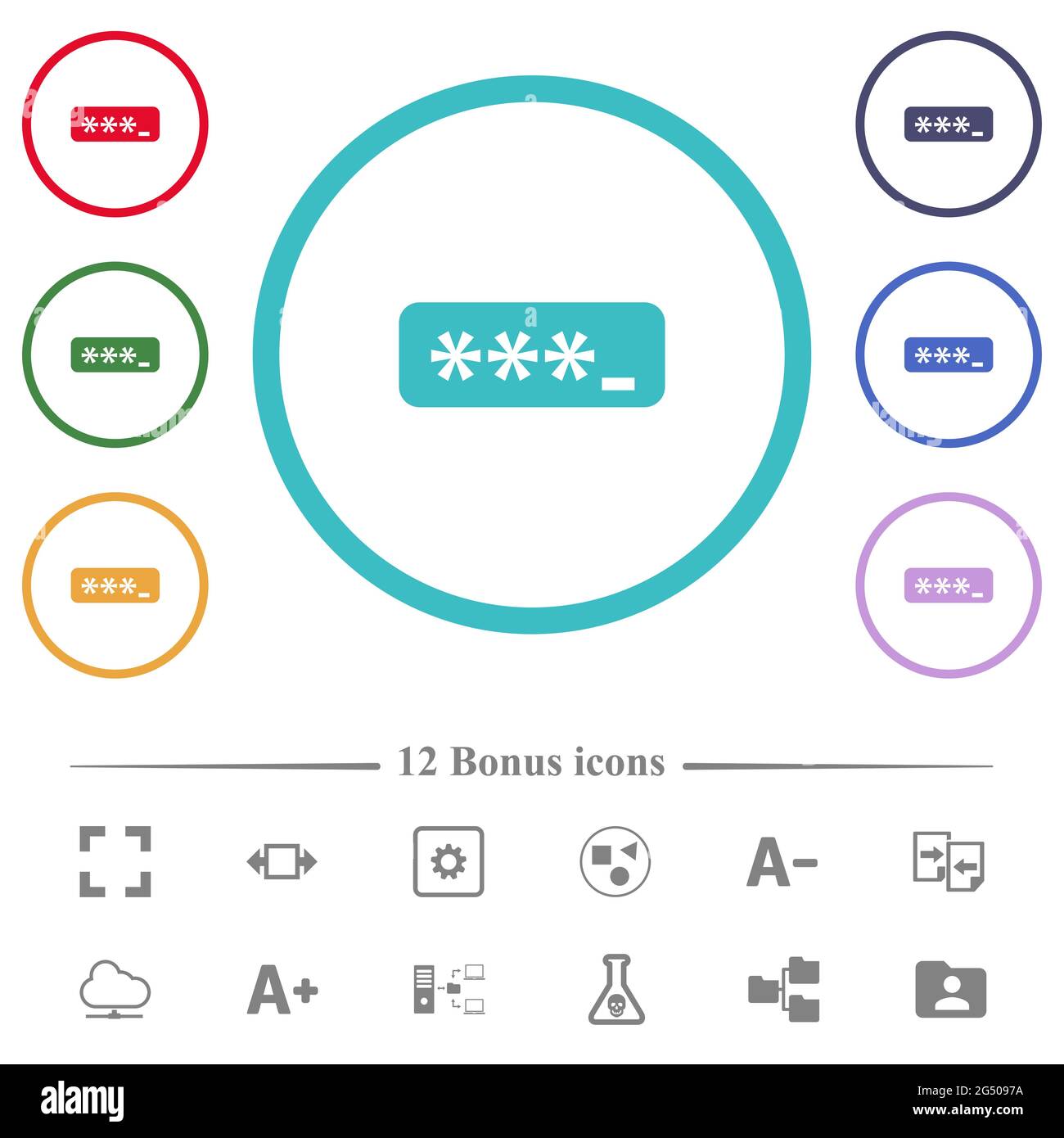 PIN code flat color icons in circle shape outlines. 12 bonus icons ...