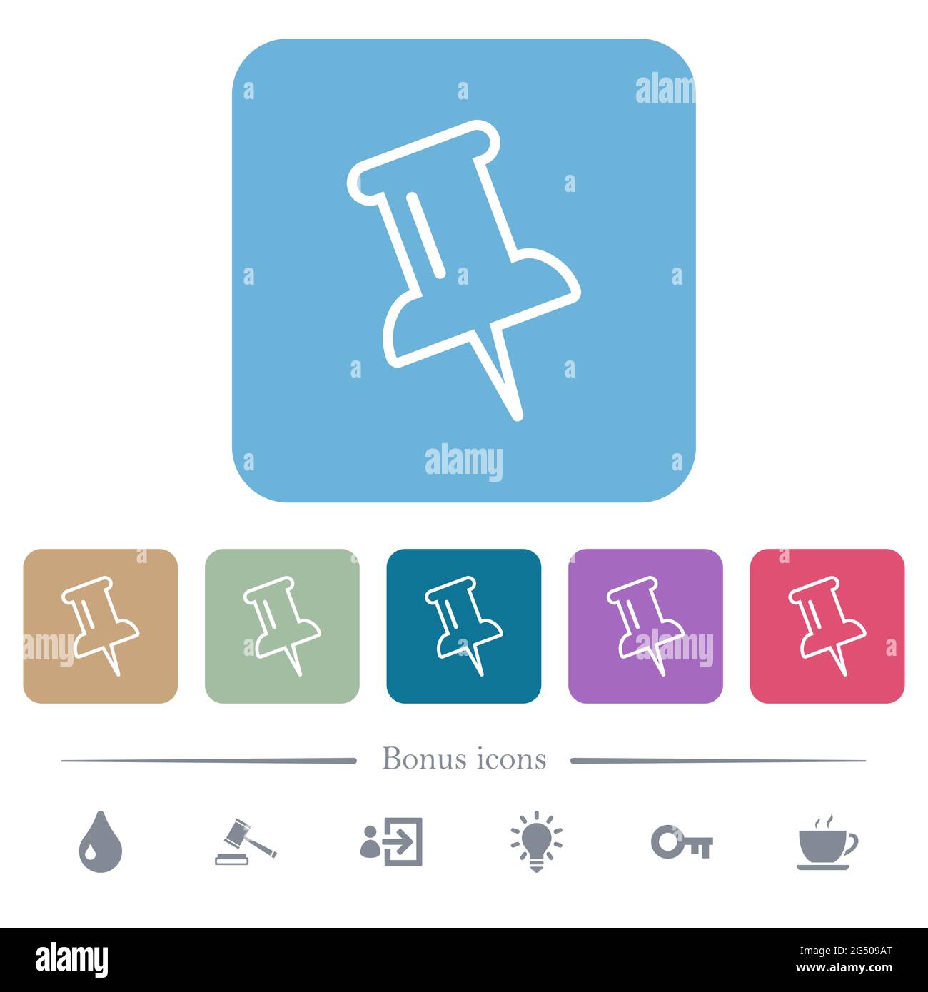 Push pin outline white flat icons on color rounded square backgrounds ...