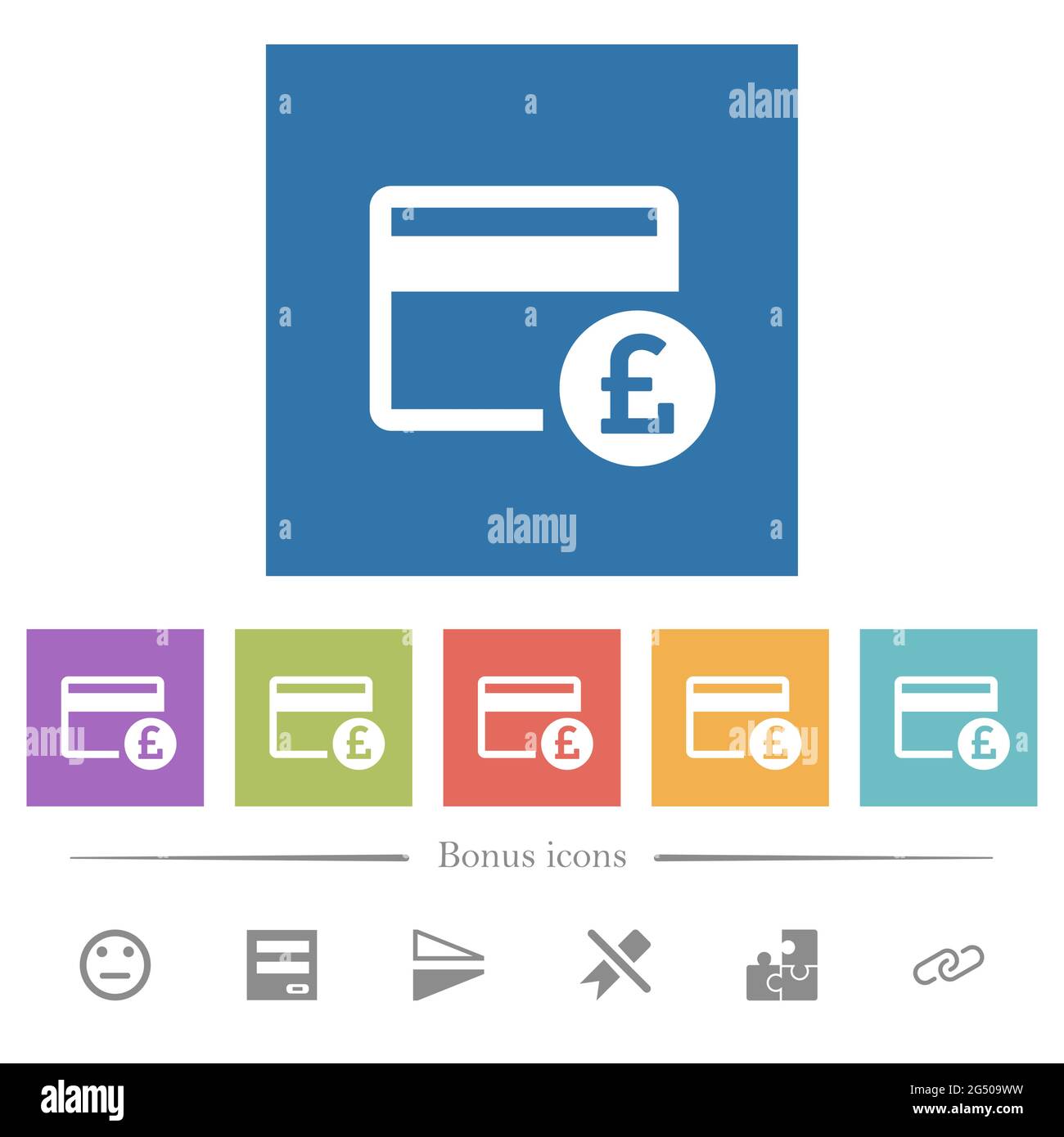 Pound credit card flat white icons in square backgrounds. 6 bonus icons ...