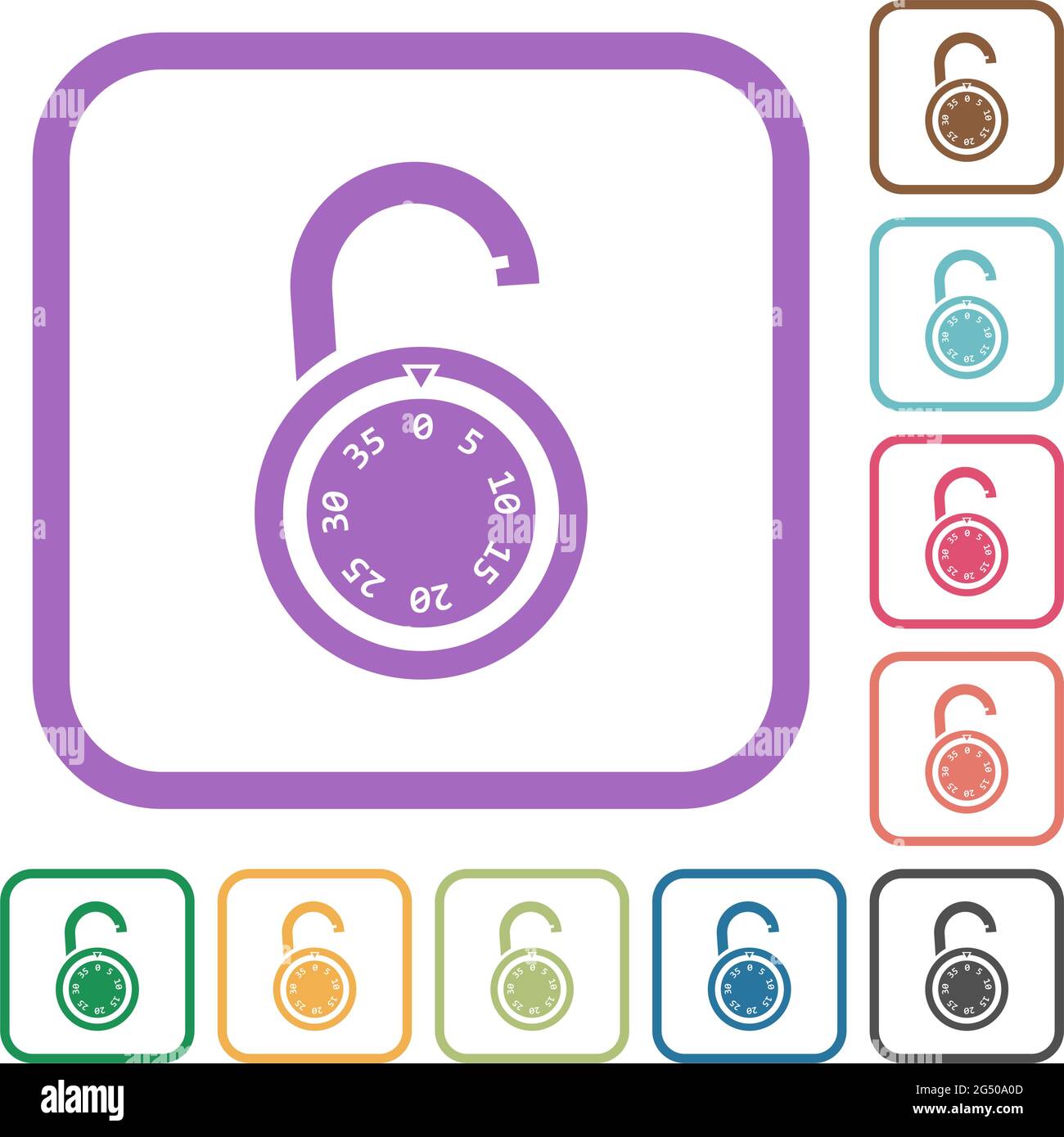 Unlocked round combination lock simple icons in color rounded square ...