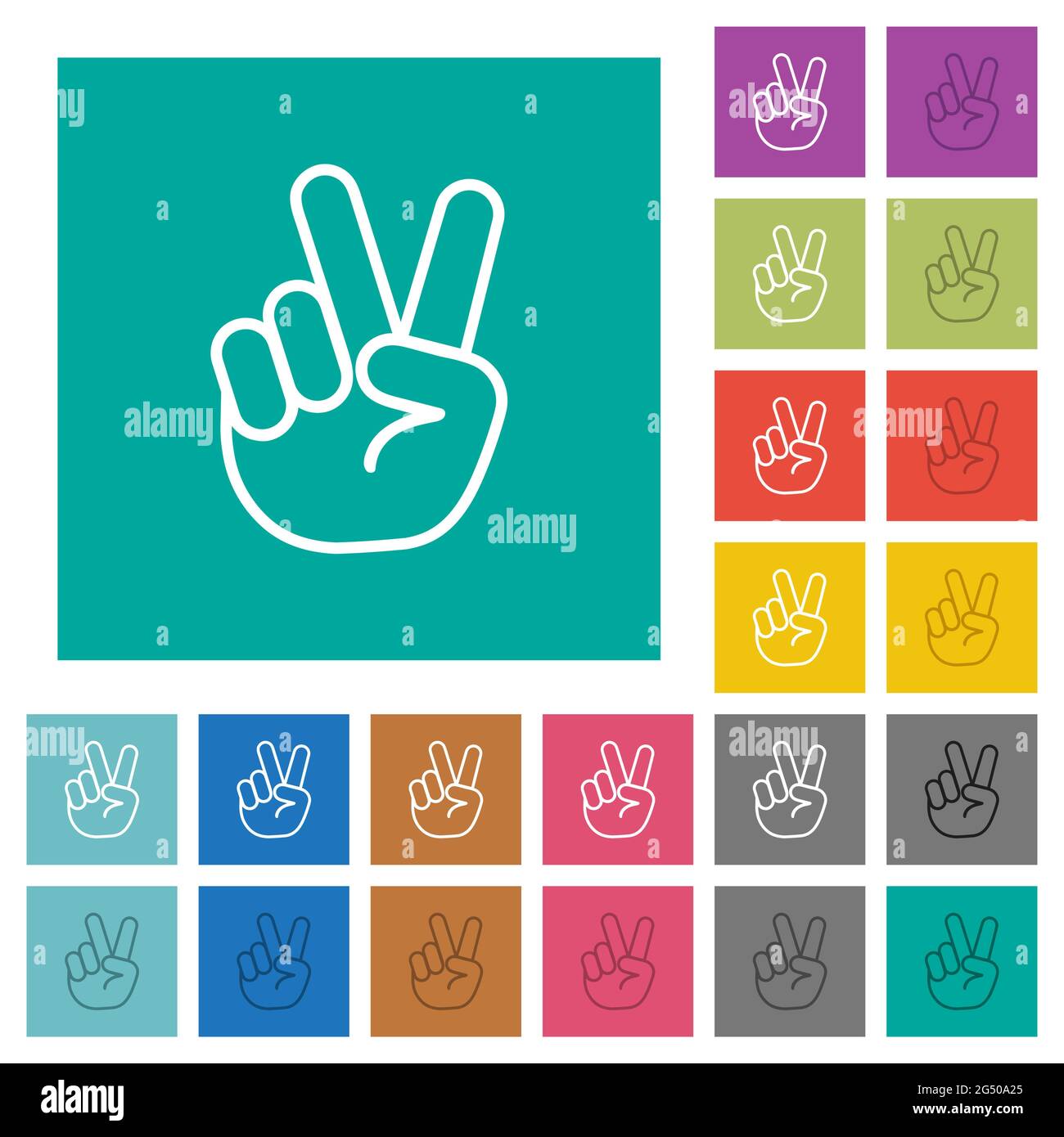Victory sign hand gesture multi colored flat icons on plain square ...