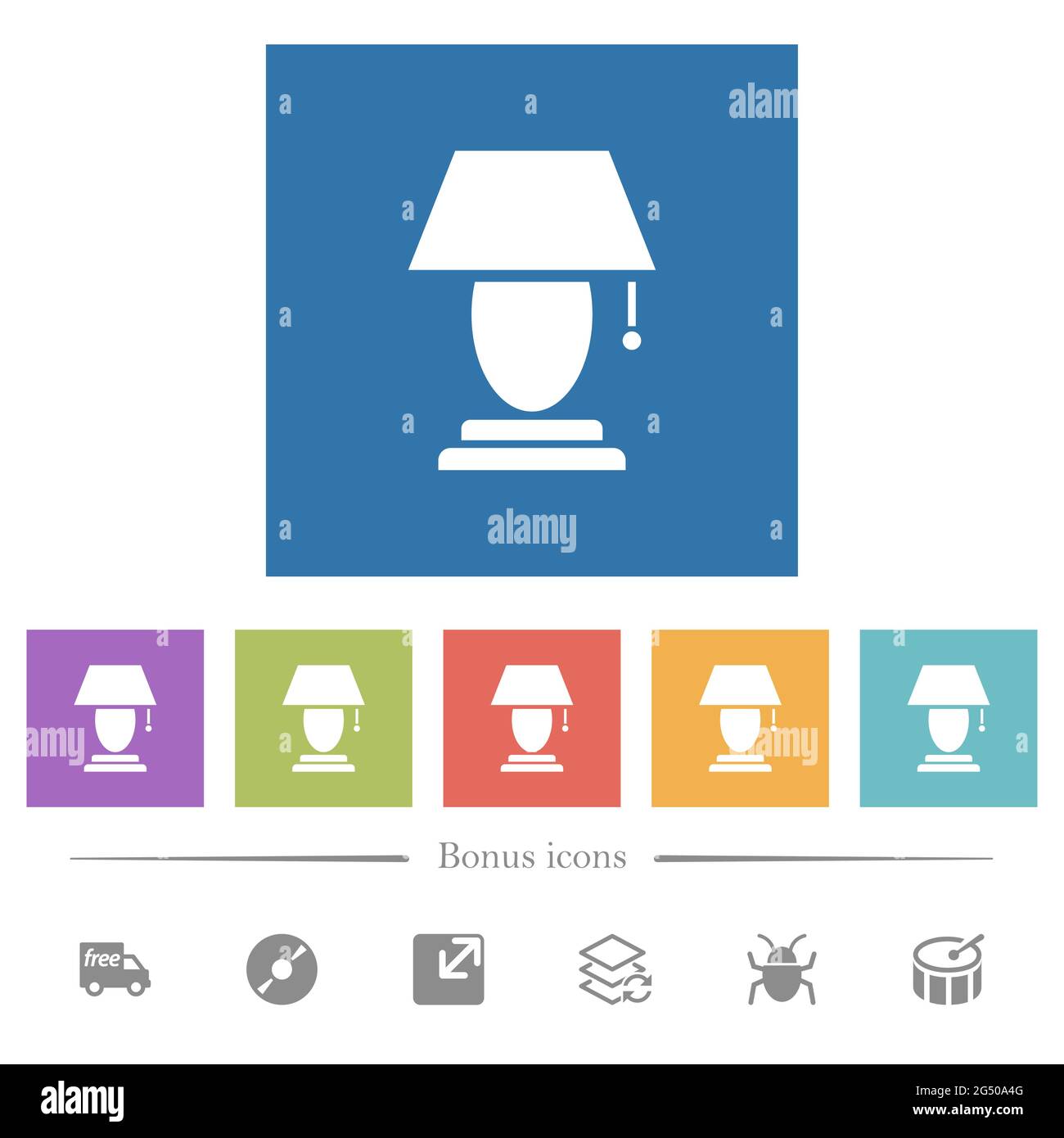 Table lamp flat white icons in square backgrounds. 6 bonus icons ...