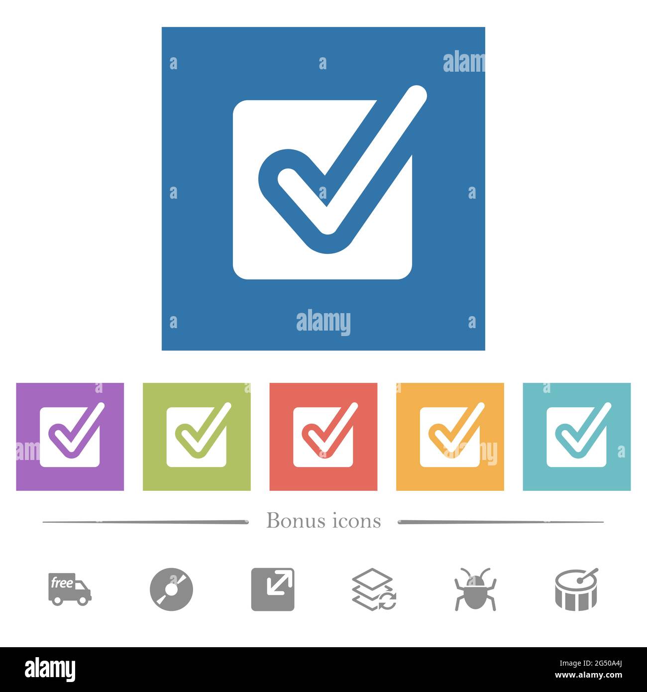 Checked box flat white icons in square backgrounds. 6 bonus icons ...