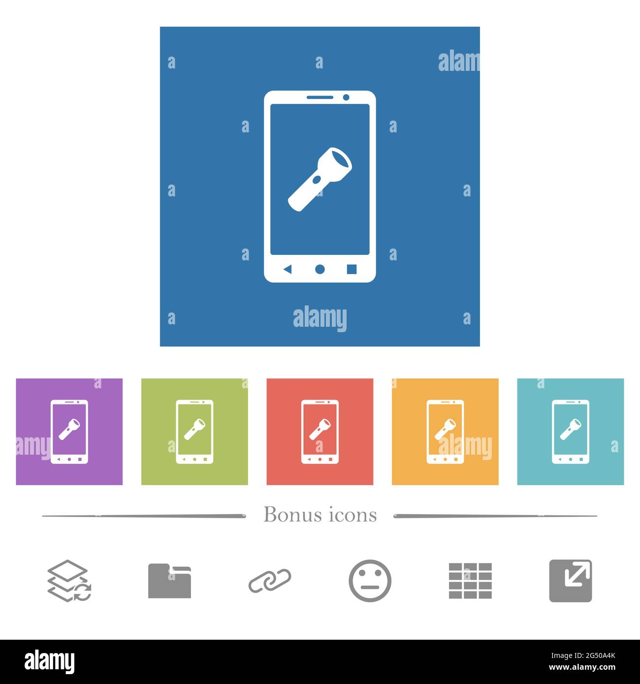 Mobile flashlight flat white icons in square backgrounds. 6 bonus icons ...
