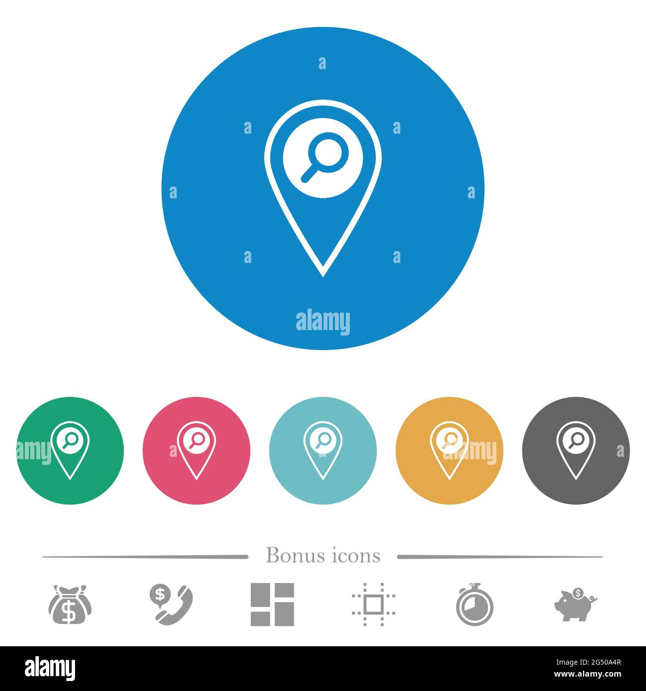 Find GPS location flat white icons on round color backgrounds. 6 bonus ...