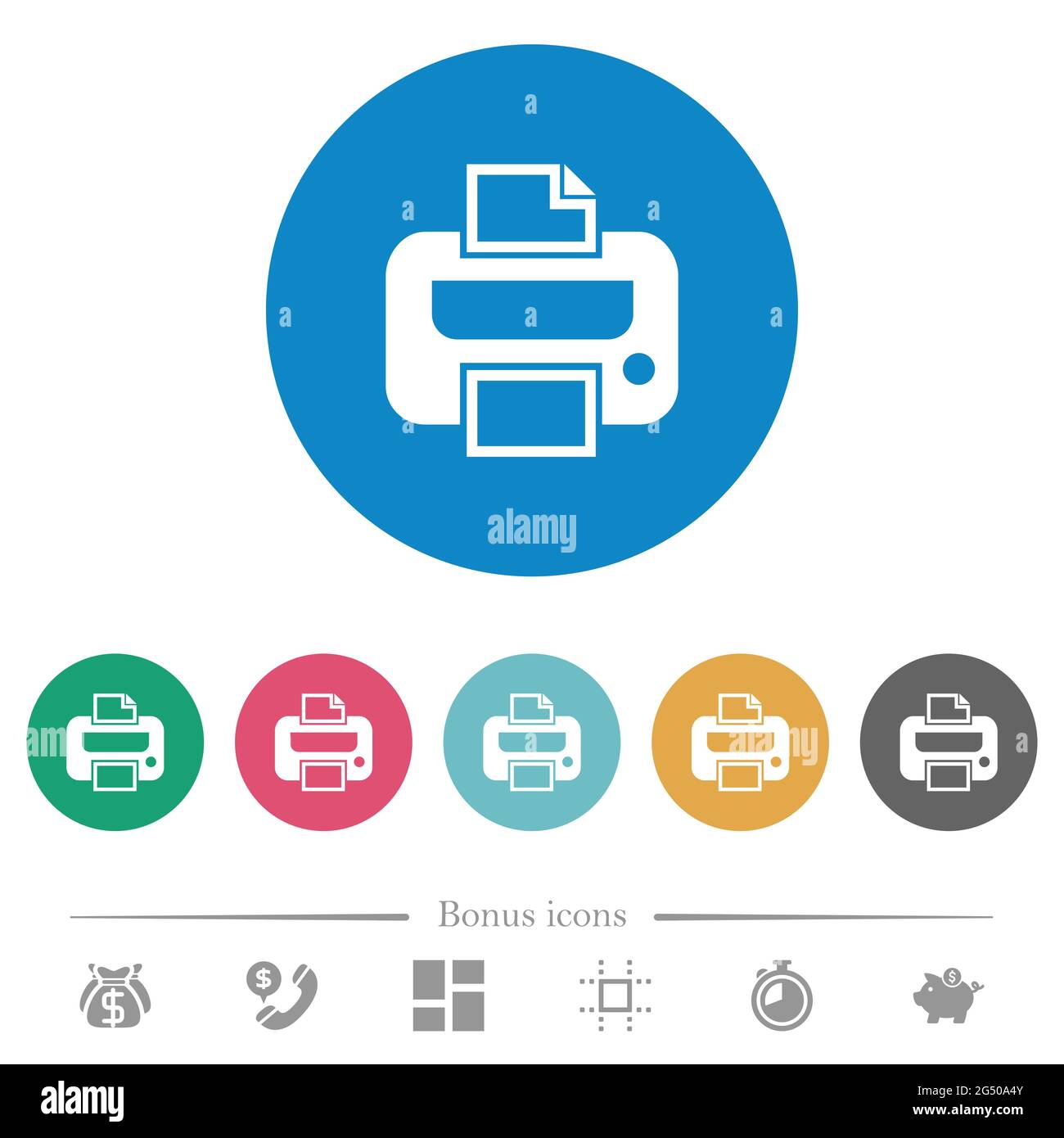 Printer flat white icons on round color backgrounds. 6 bonus icons ...