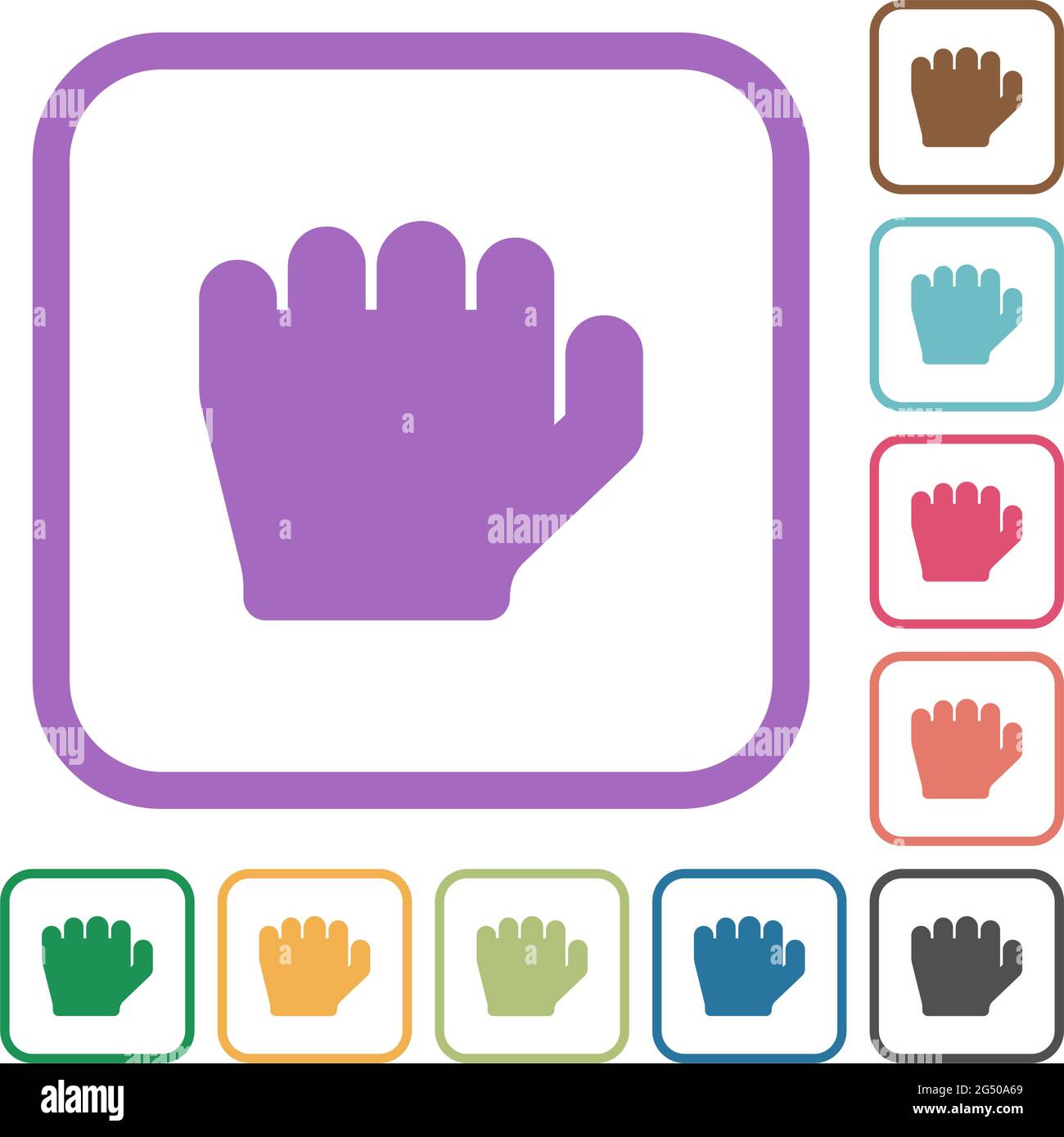 Left handed grab gesture simple icons in color rounded square frames on ...