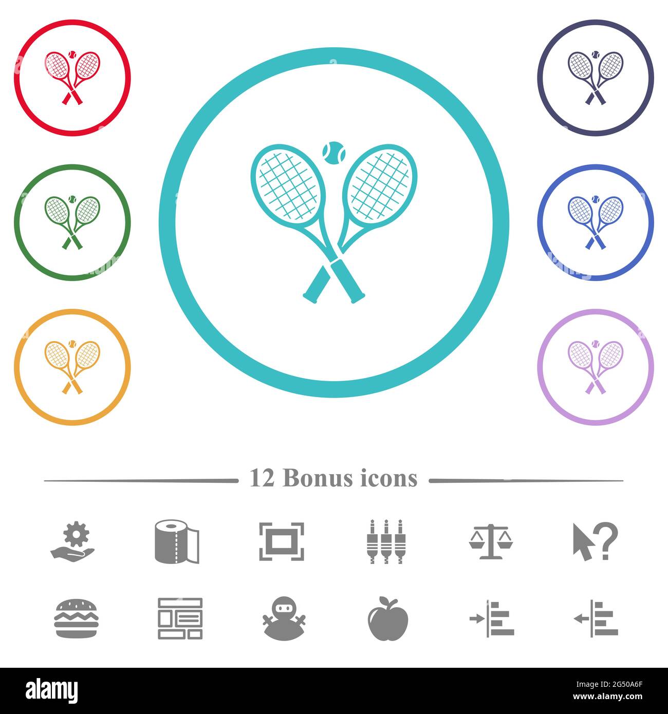 Tennis rackets with ball flat color icons in circle shape outlines. 12 ...