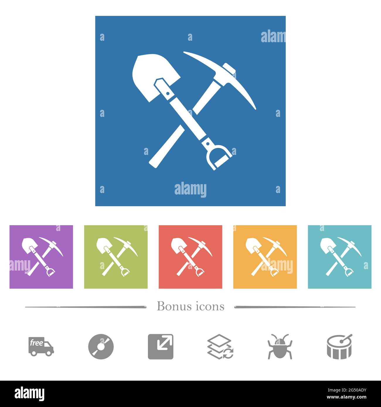 shovel and pickaxe flat white icons in square backgrounds. 6 bonus ...