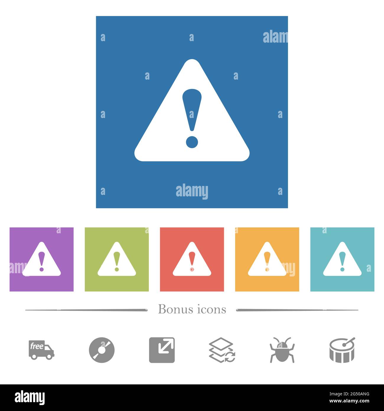 Triangle shaped warning sign flat white icons in square backgrounds. 6 ...