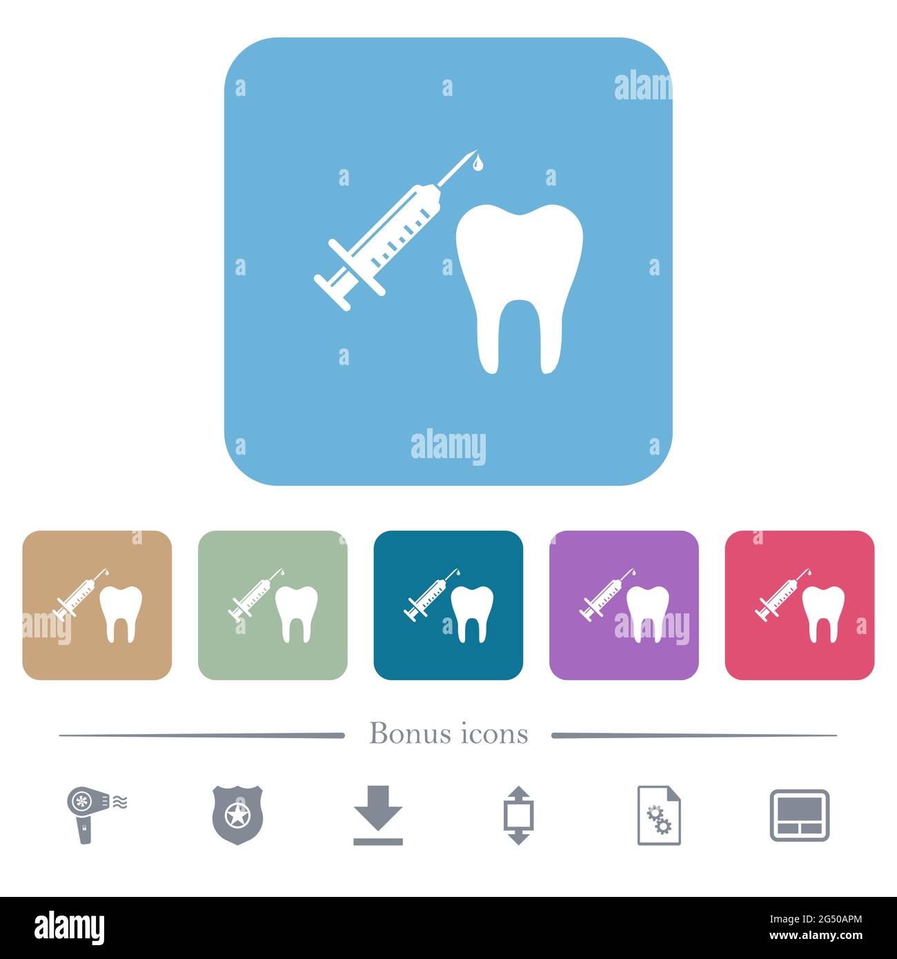 Tooth anesthesia white flat icons on color rounded square backgrounds. 6 bonus icons included ...