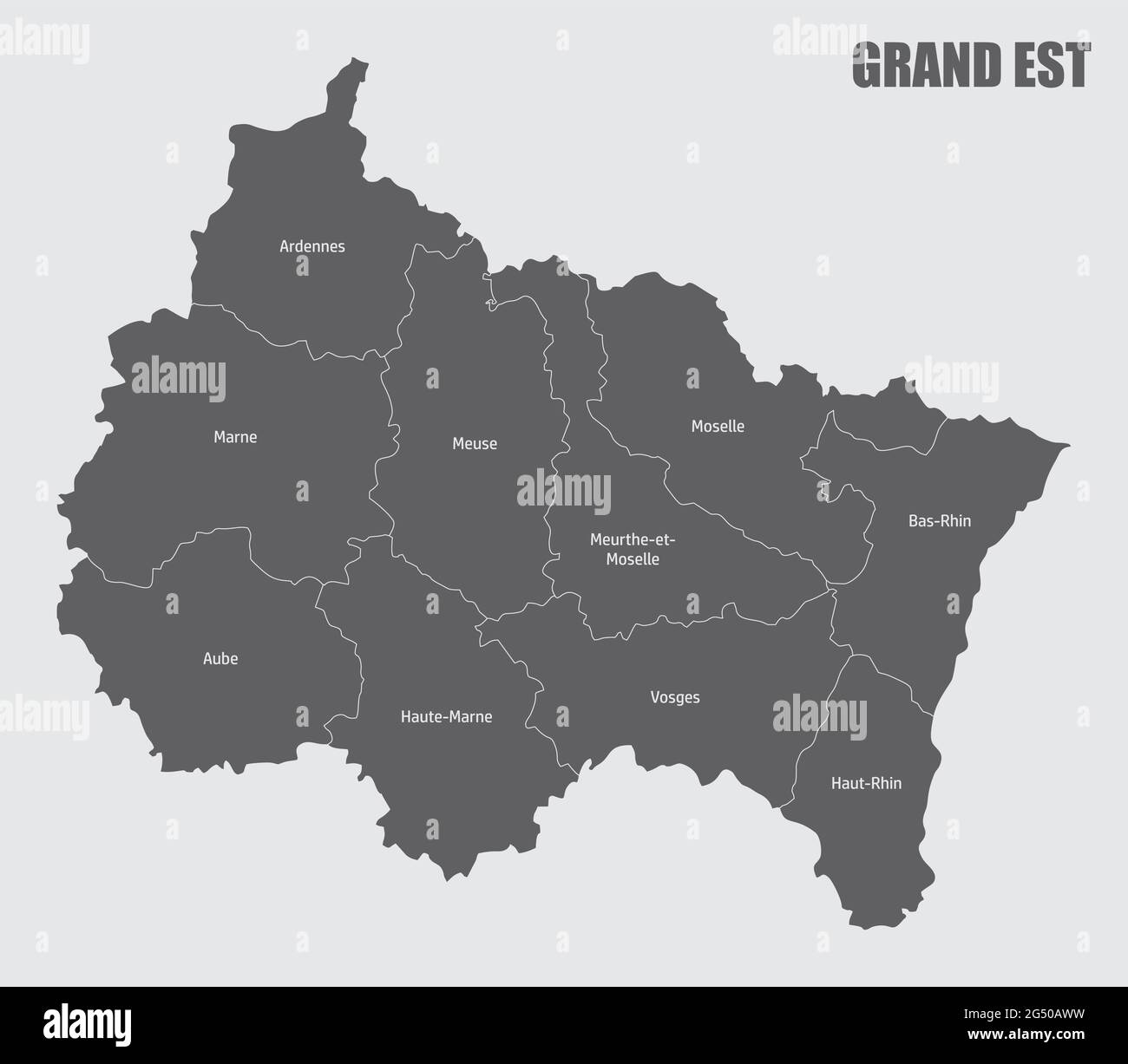 Grand Est administrative map divided in departments with labels, France ...