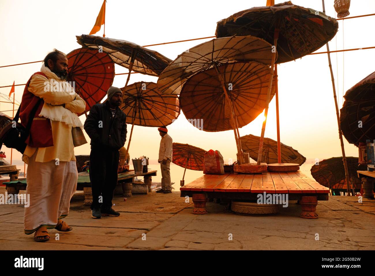 February 2, 2021, Morning view of holy ghats of Varanasi. Umprellas and ...