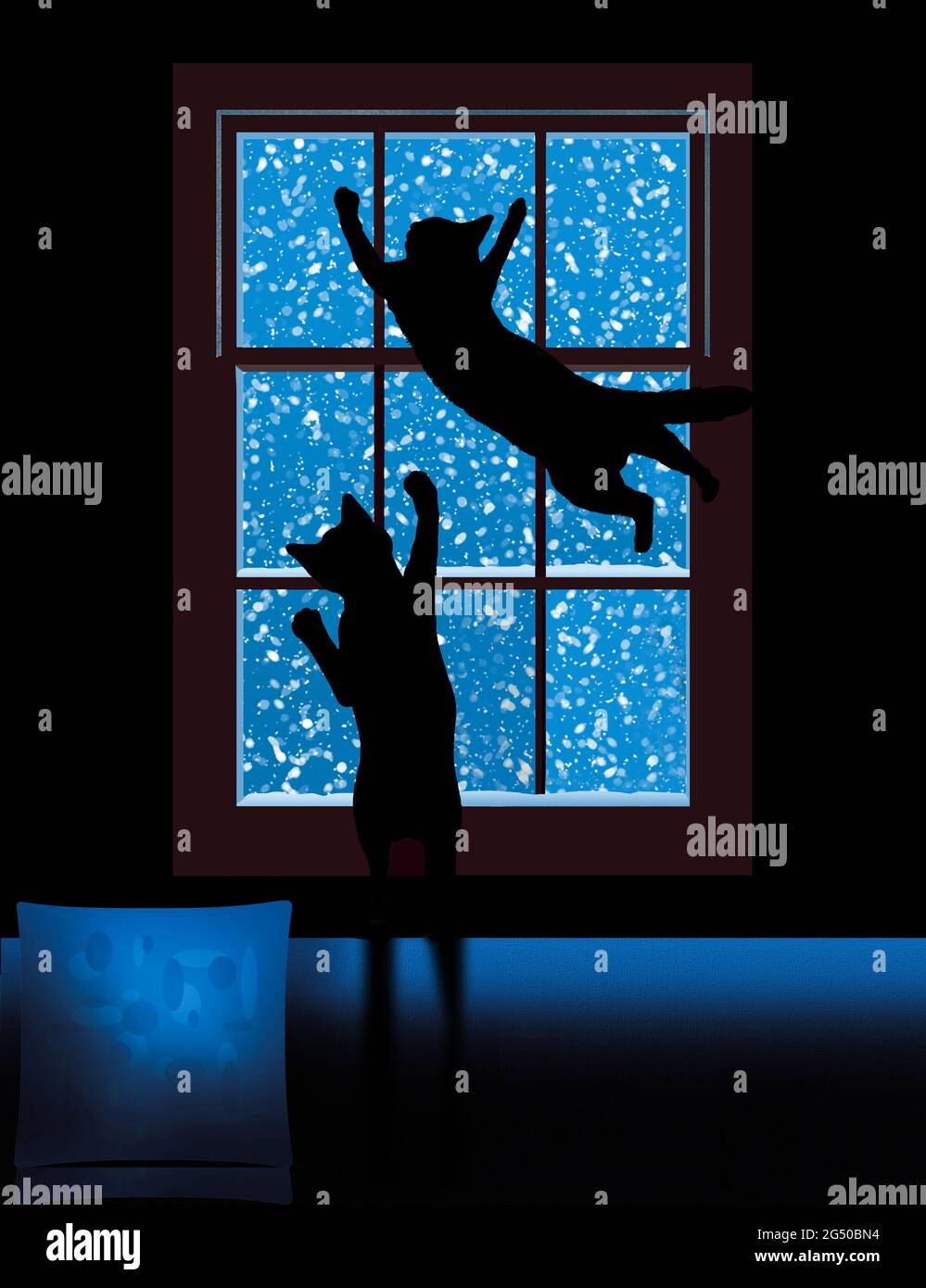 Cats try to swat snowflakes falling on the outside of the window glass ...