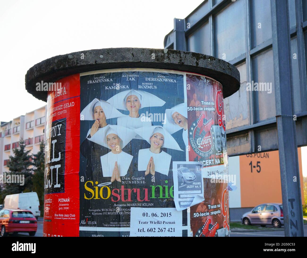 POZNAN, POLAND - Jun 20, 2015: Advertisement cylinder with concert ...