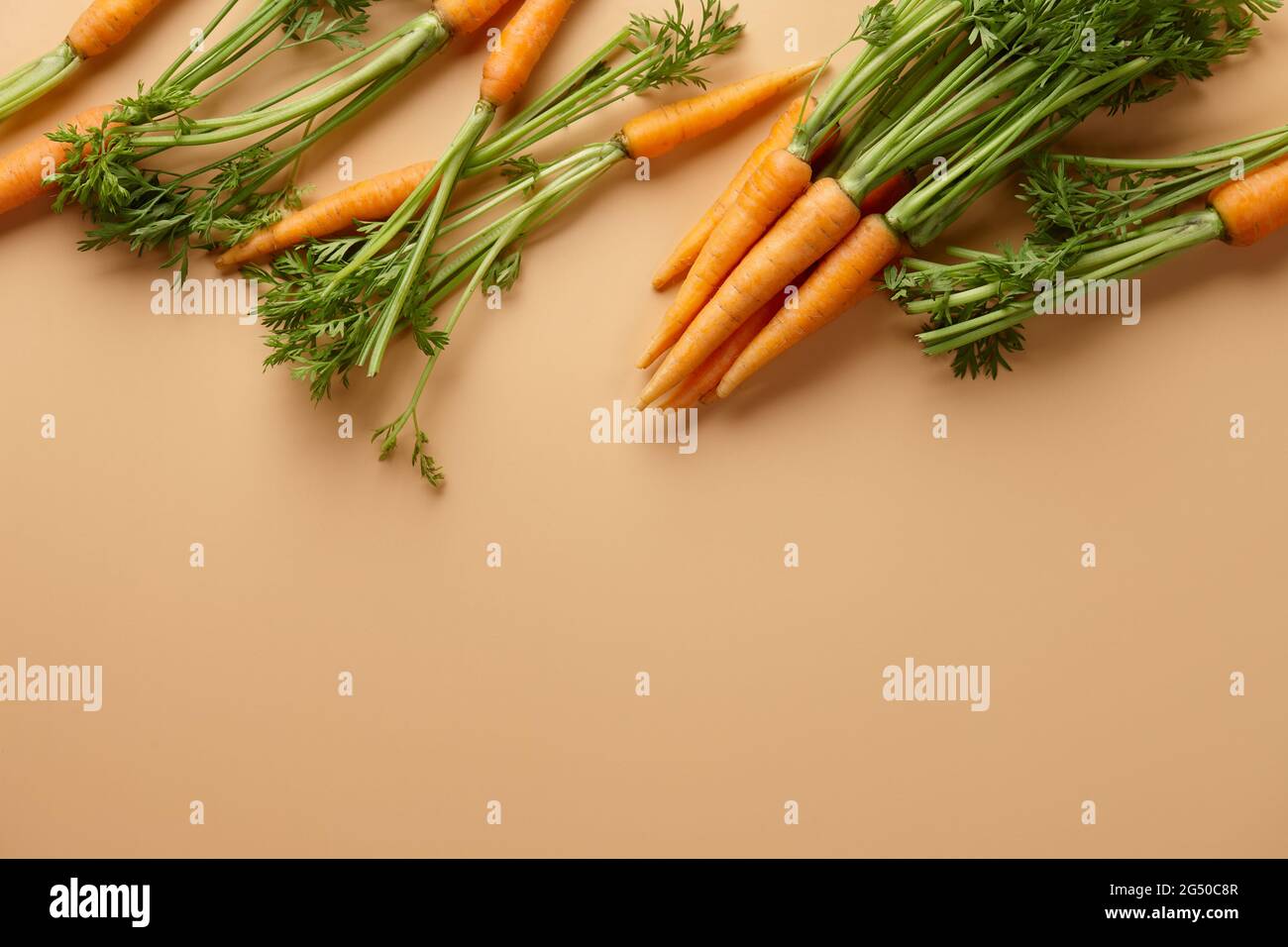 Fresh carrots with green tops on beige background, copy space Stock ...