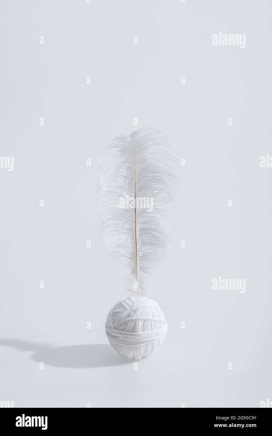 lightweight and soft feather near ball of thread isolated on white ...