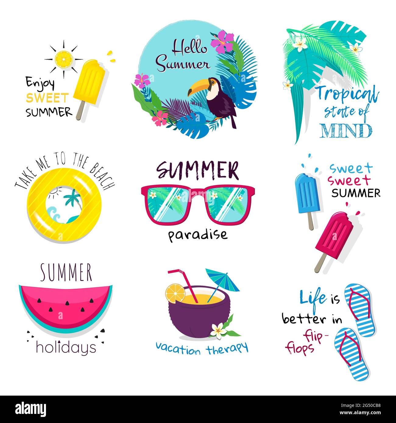 Summer phrases and icons set. Hello summer paradise, Take me to the ...