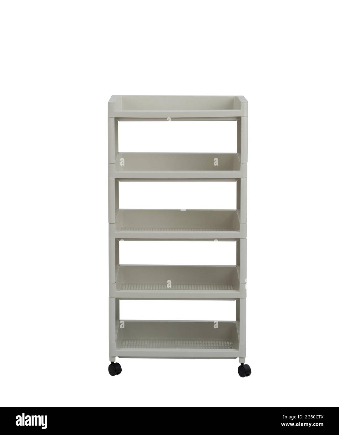 Empty white plastic shelves rack with wheels isolated on white ...