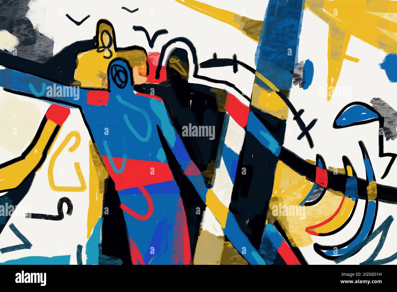 Colorful people silhouette on wall with abstract elements. Graffiti and ...