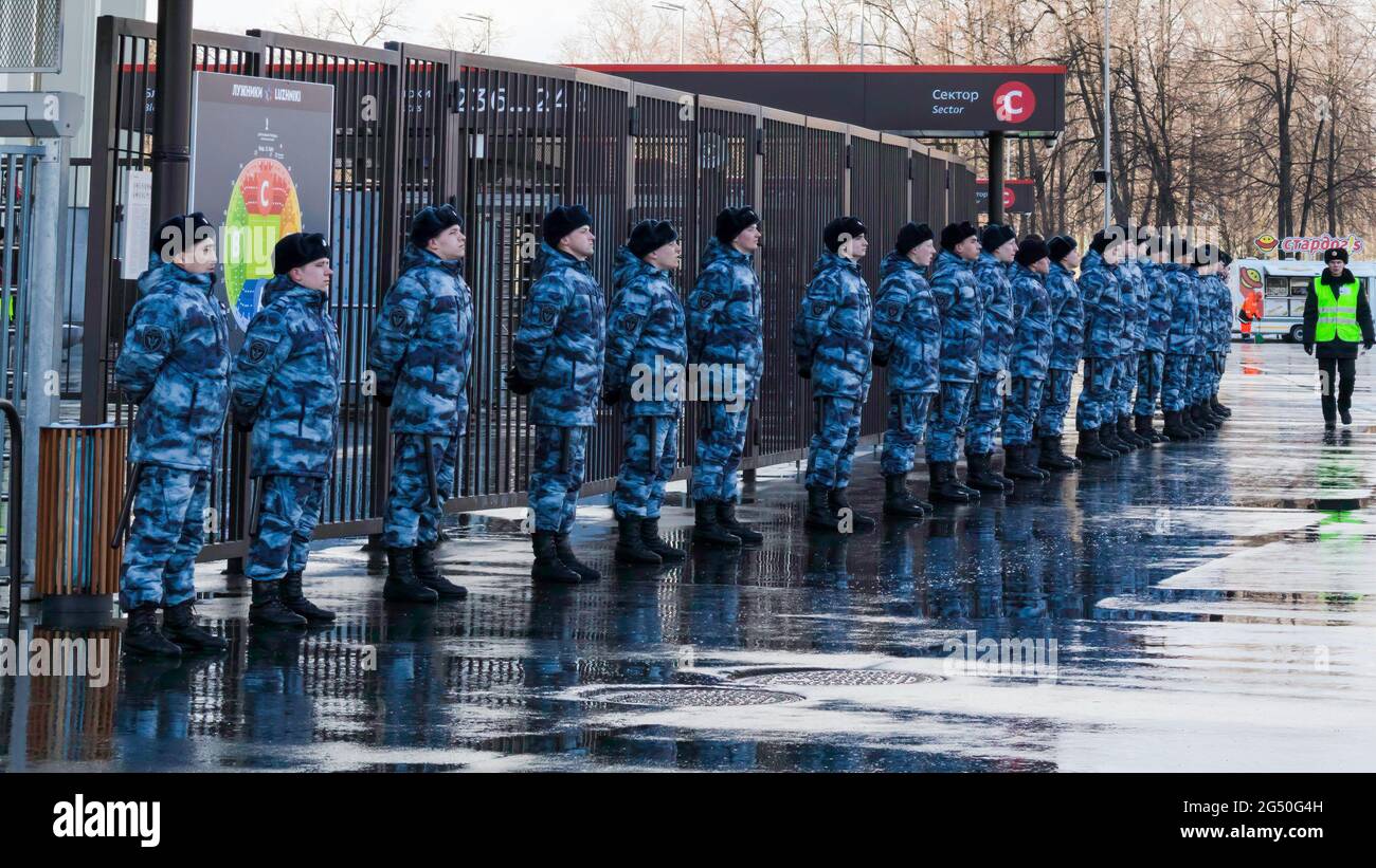 The Rosgvardia military line in front of the Luzhniki stadium. Units of ...