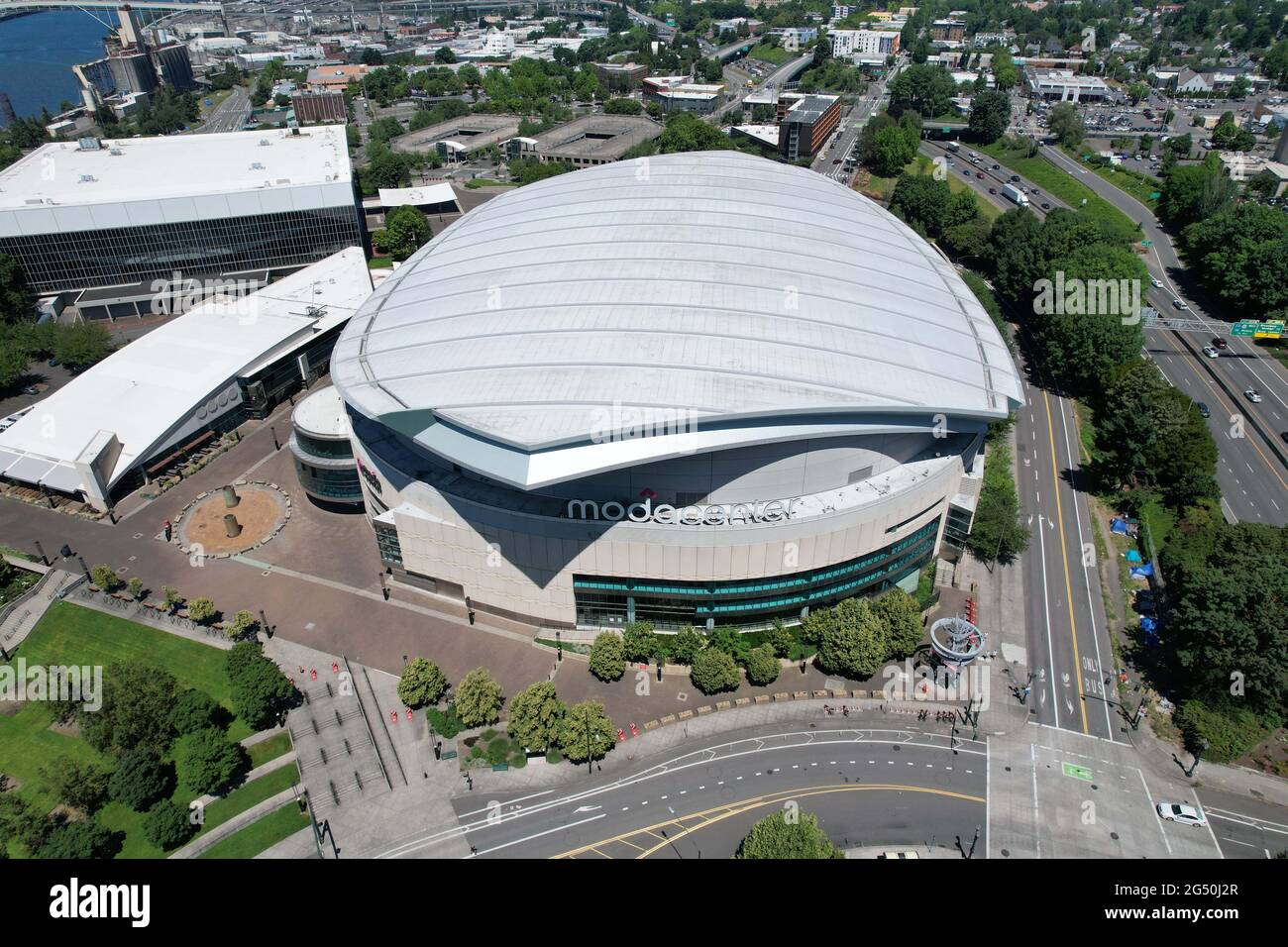 An aerial view of the Moda Center, Wednesday, June 23, 2021, in ...