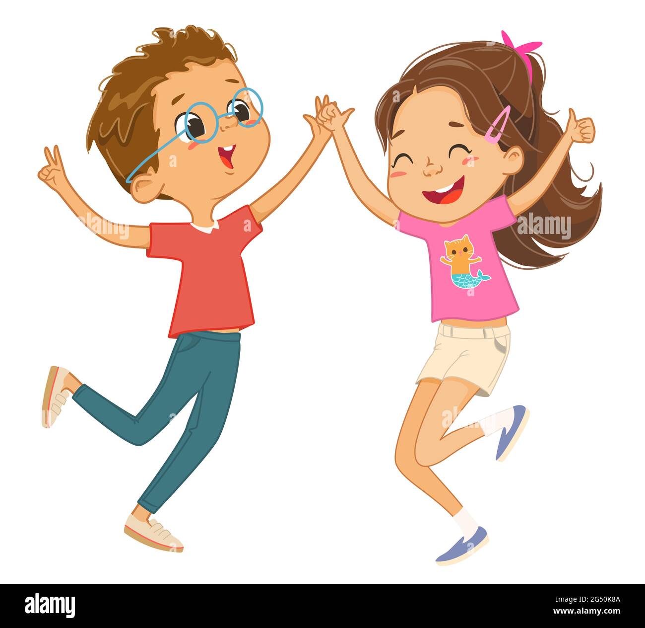 Caucasian boy and girl play together, happily jump and dance. Concept ...