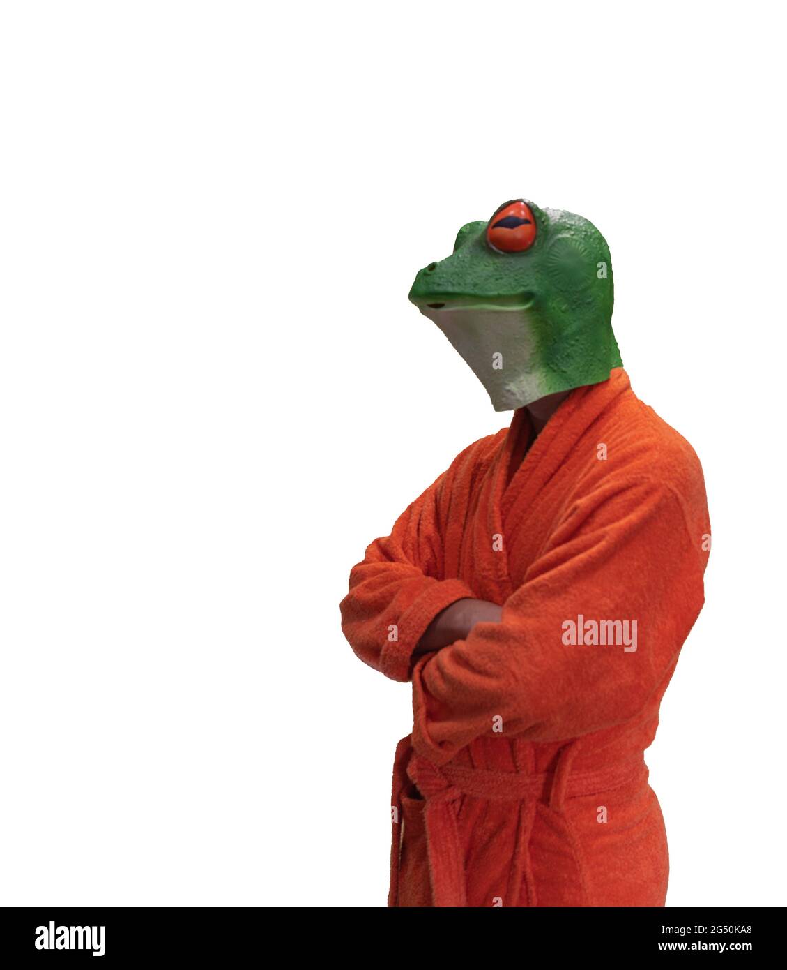 young boy wearing a green frog animal mask with orange bathrobe and ...