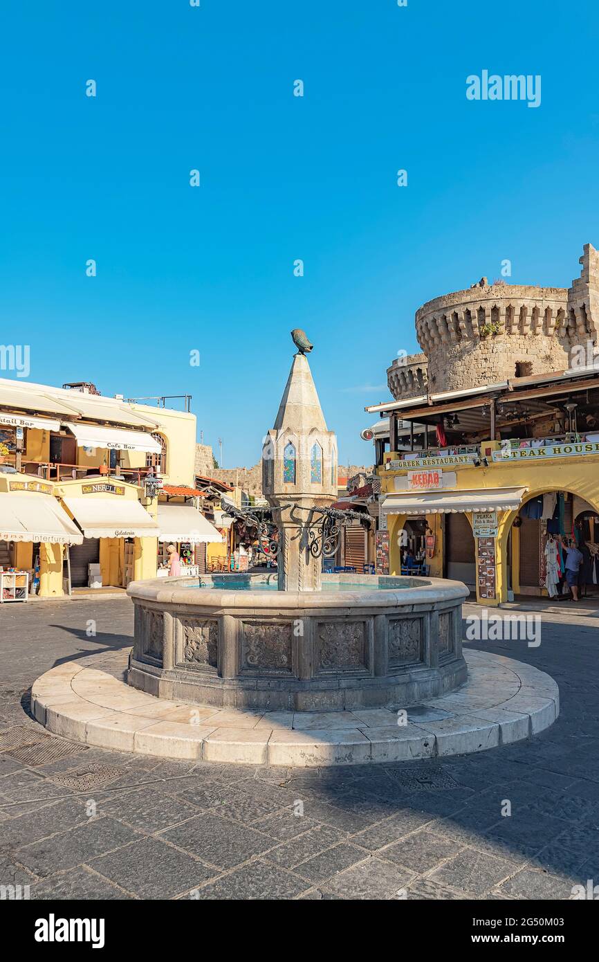 RHODES, GREECE - OCTOBER 06, 2018:The fountain that adorns hippocrates ...