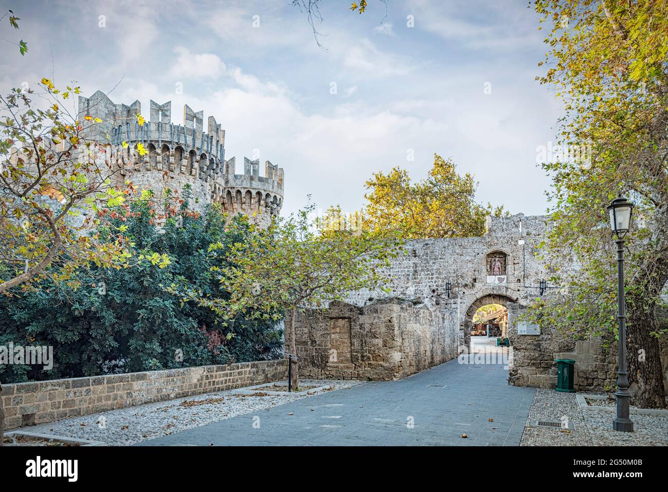 A background view of the ancient city wall at Rhodes old town in Greece ...