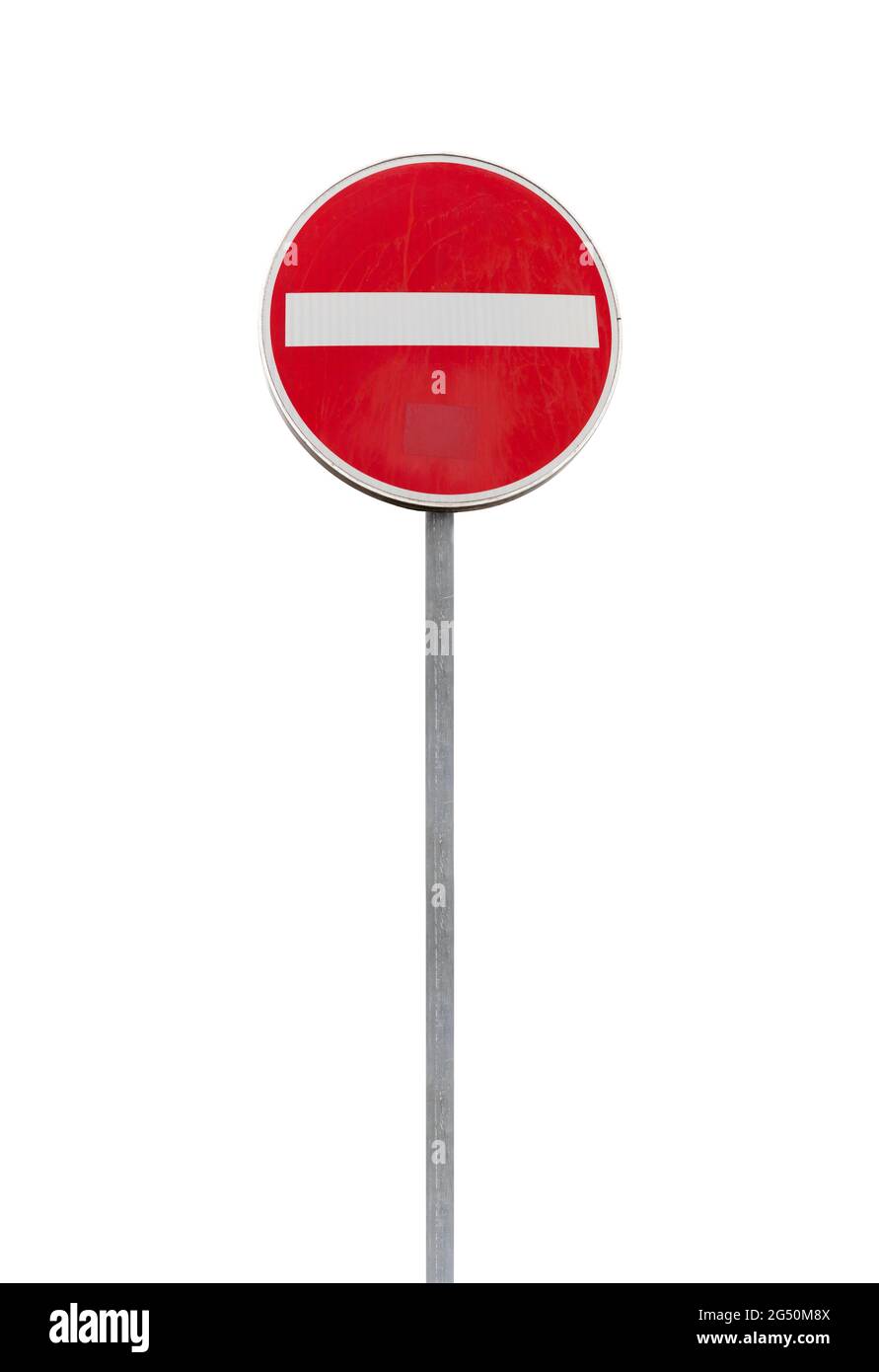 Round No Entry standard European road sign on vertical metal pole ...