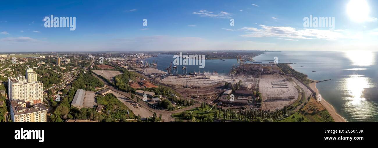 Panorama Black sea coast line with Chernomorsk port. Ukrane, drone ...