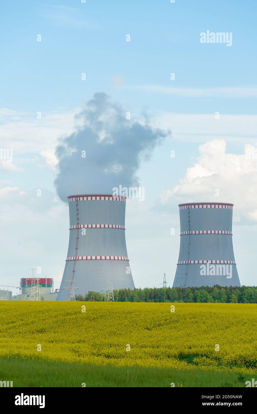Belarusian nuclear power plant in Ostrovets on a sunny summer day ...