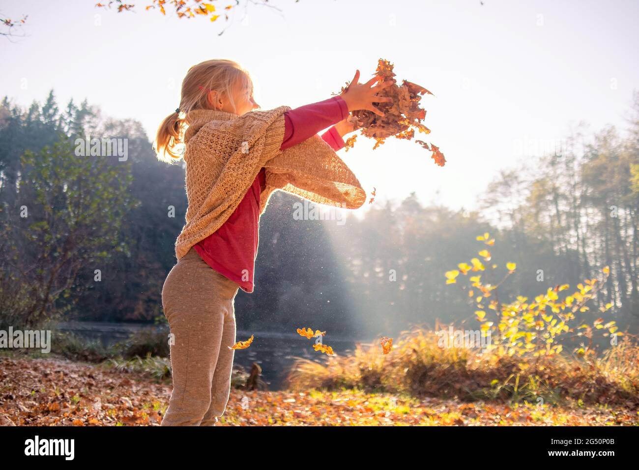 Smiling girl child throwing dry leaves in the air at beautiful autumn ...