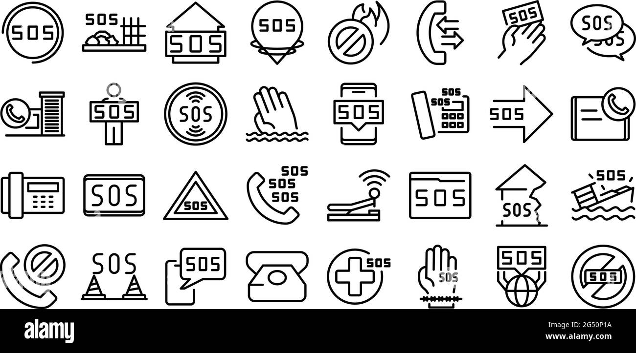 Sos icons set. Outline set of sos vector icons for web design isolated ...