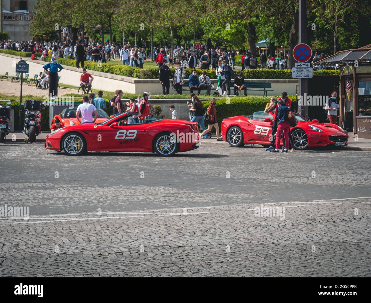Paris, France, May 2021. Red Ferrari cars in the center of Paris ...