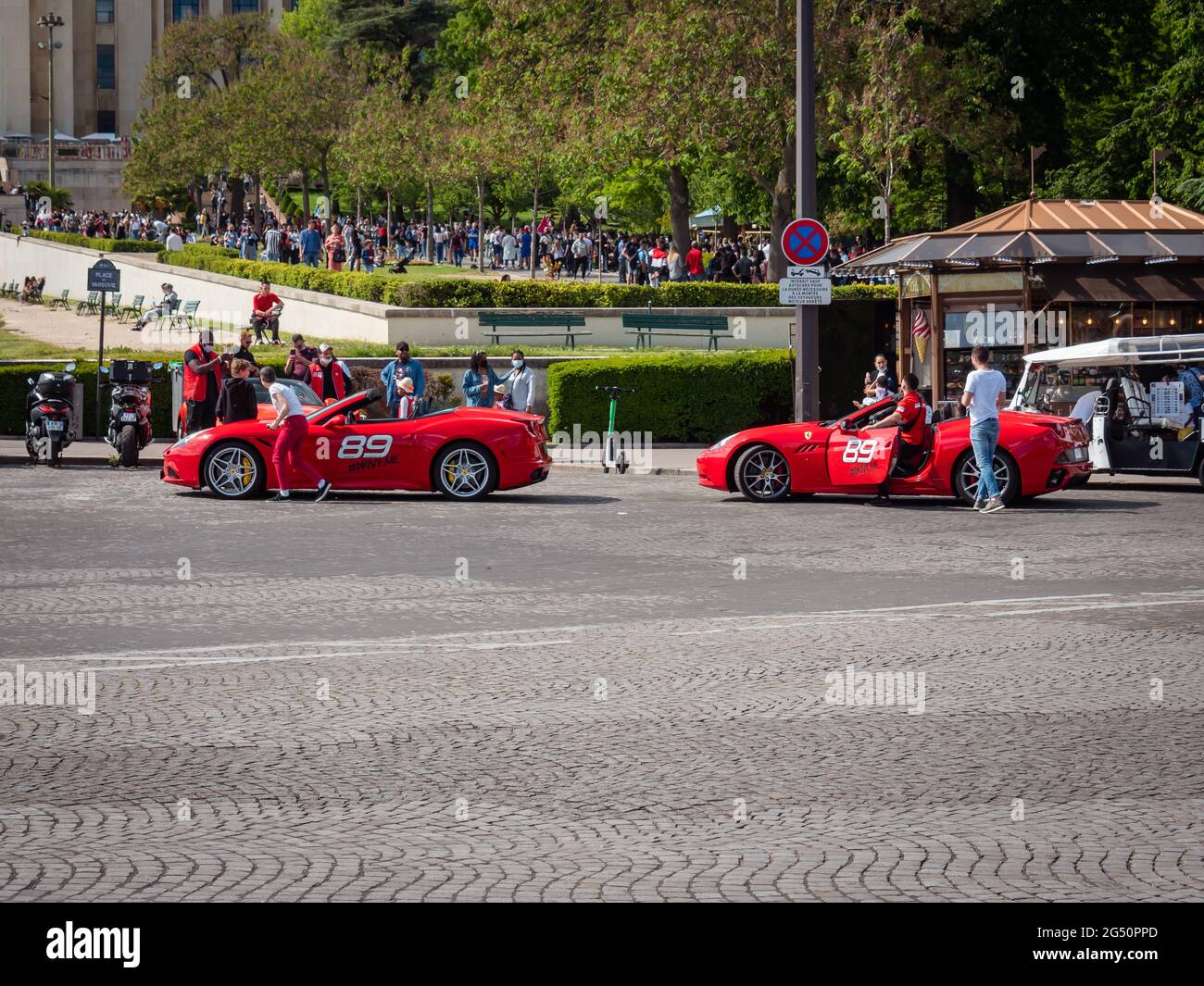 Paris, France, May 2021. Red Ferrari cars in the center of Paris ...