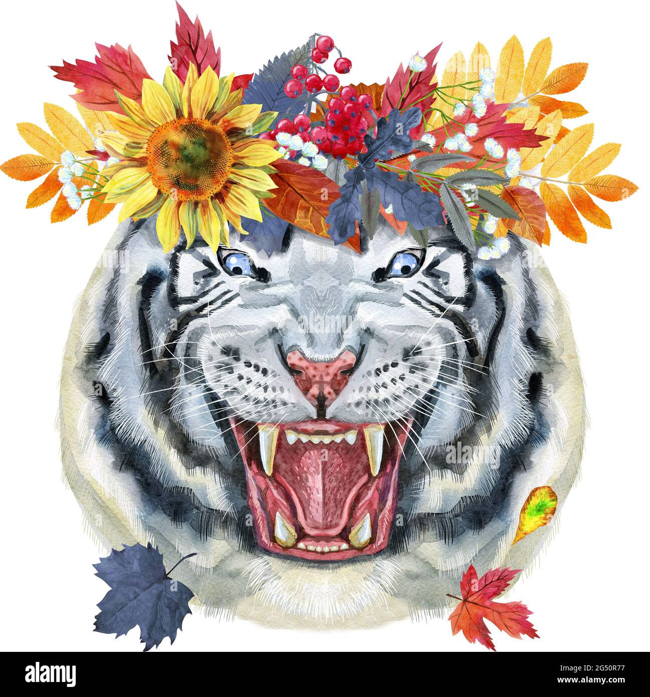 Watercolor illustration of white smiling tiger in a wreath of autumn ...
