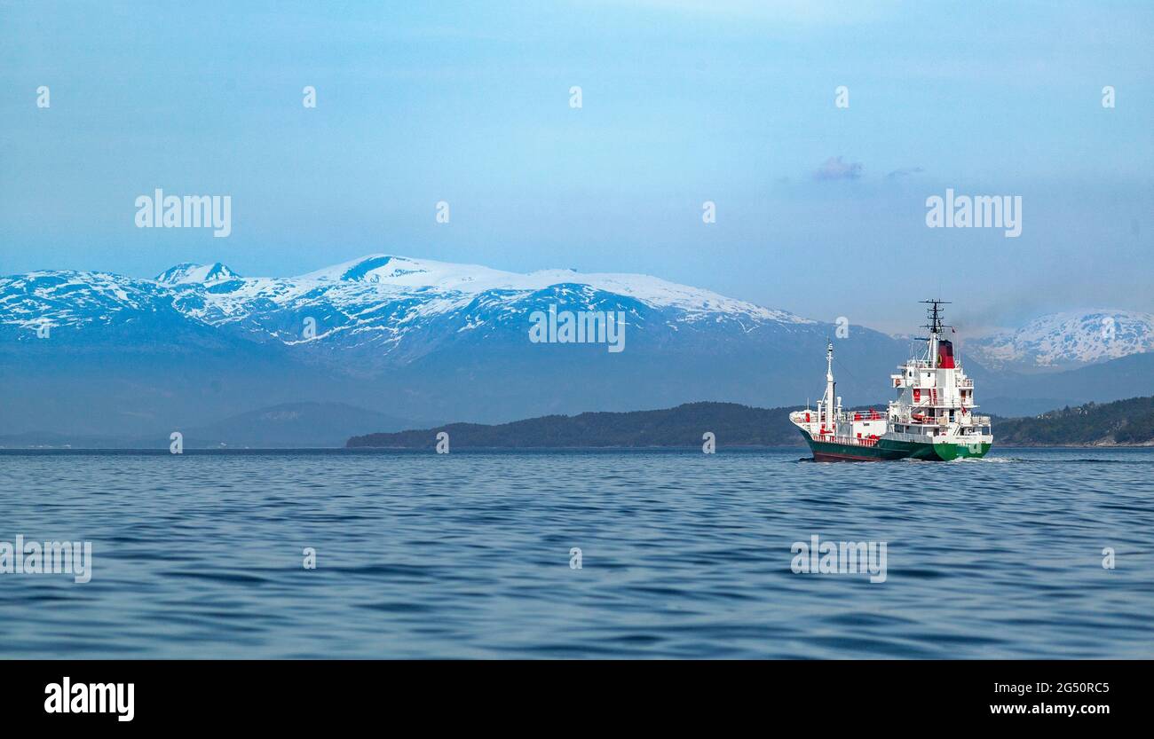 Bulk carrier ship in the skerry Fairway near Bergen, Norway Stock Photo ...