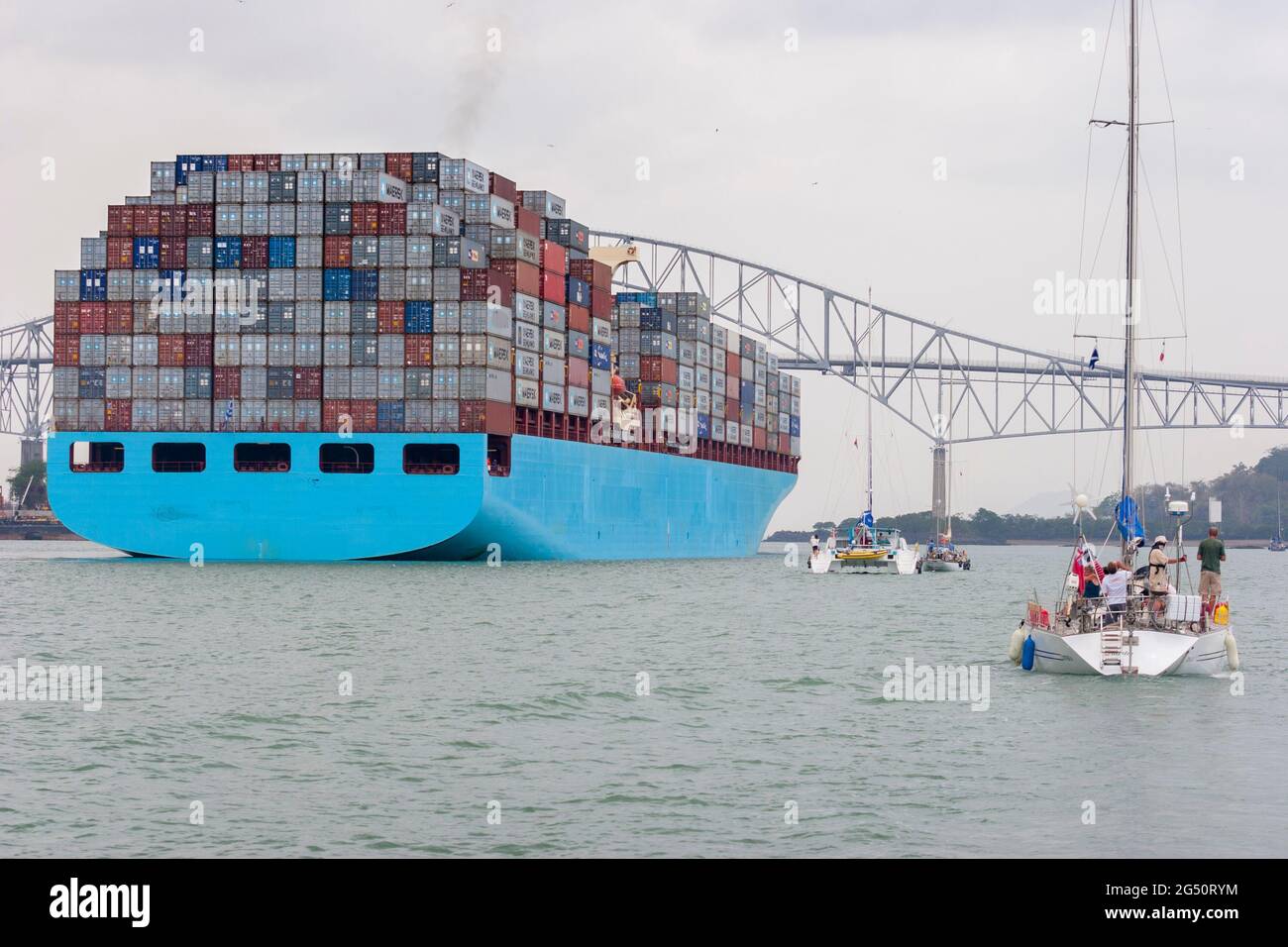 huge container ship leaving the Panama Canal on the pacific side and ...