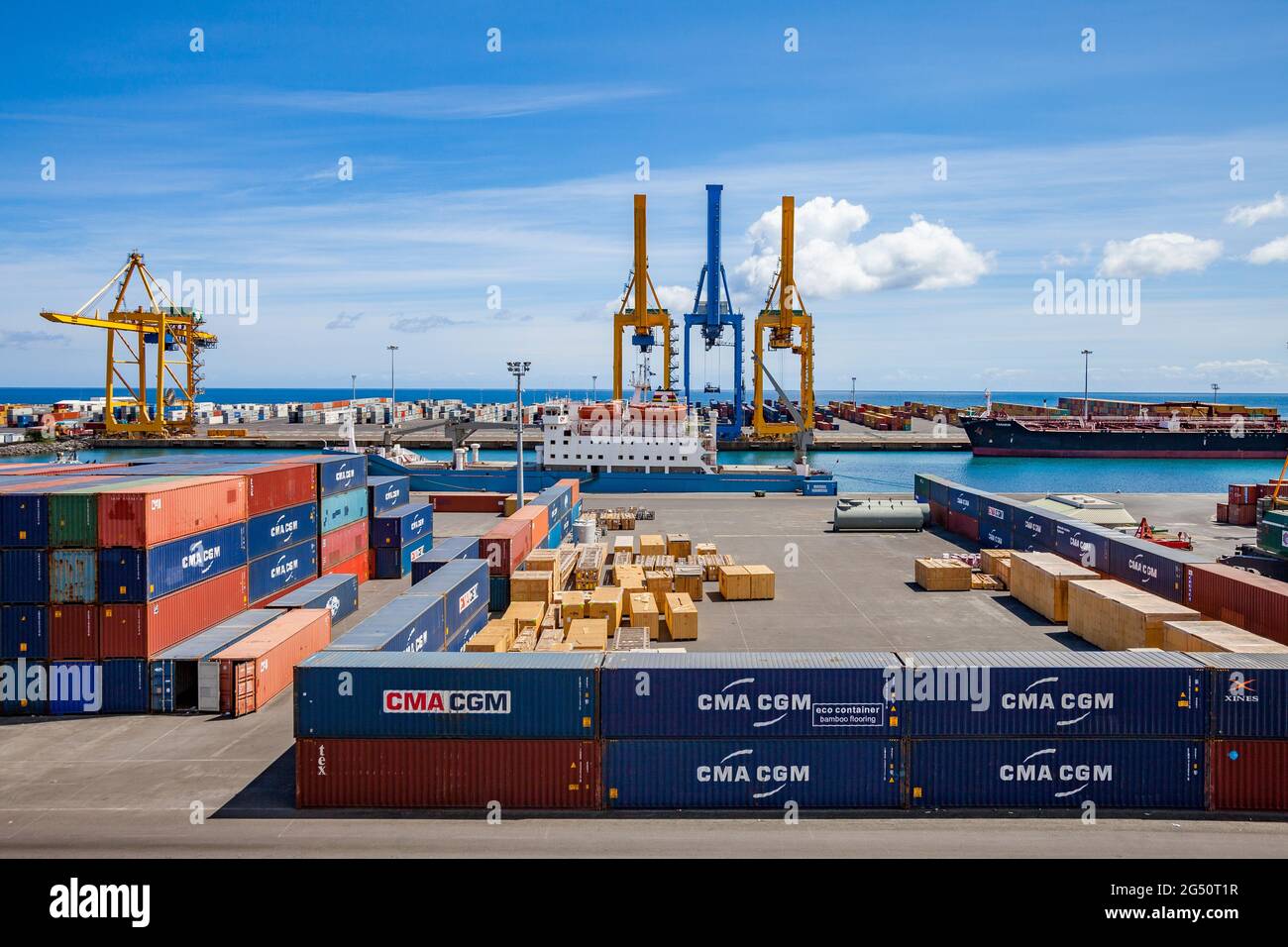 Container terminal in the harbour of Le Port, La Reunion Island, France ...