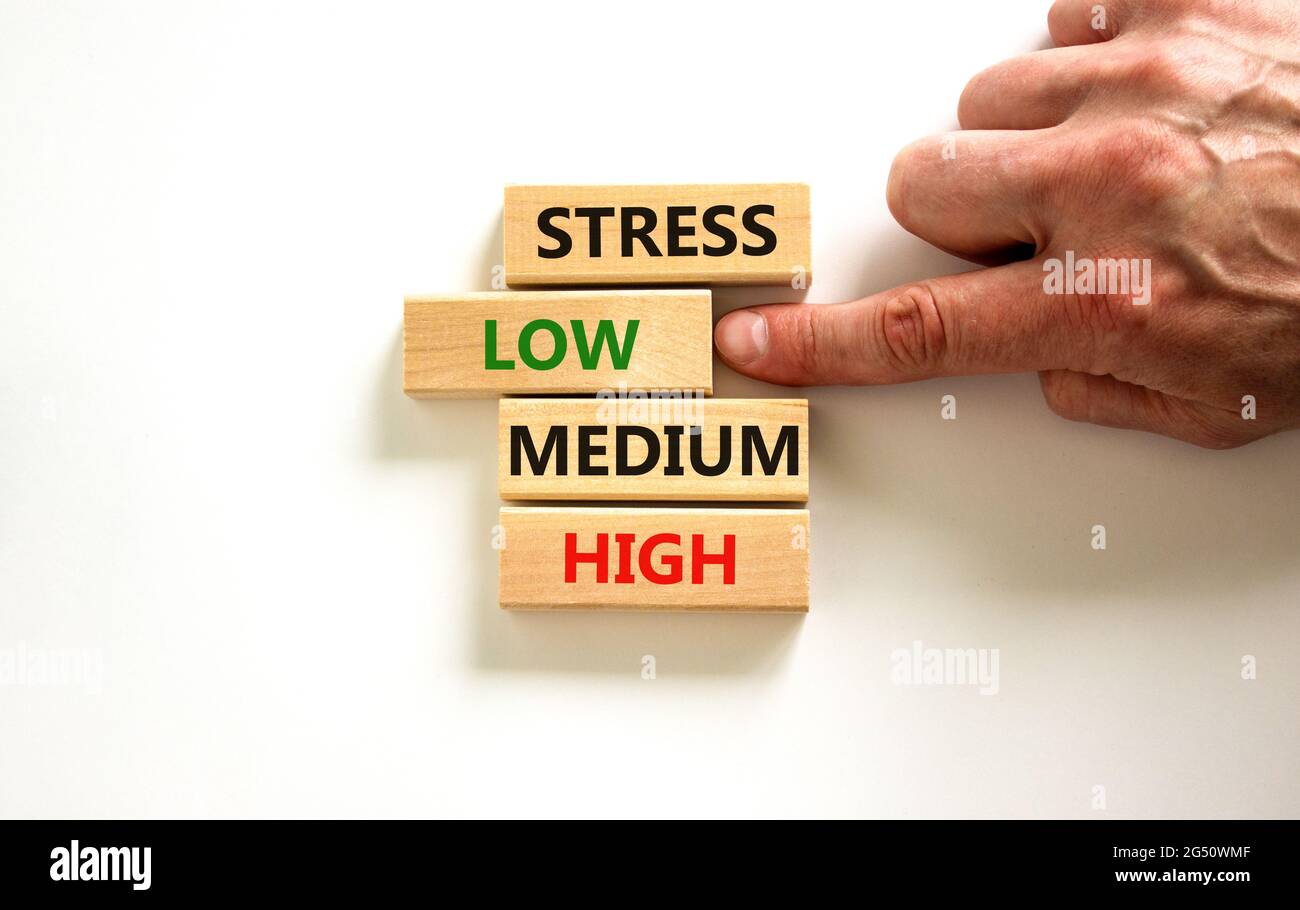 Low or high stress level symbol. Businessman chooses the wooden block ...