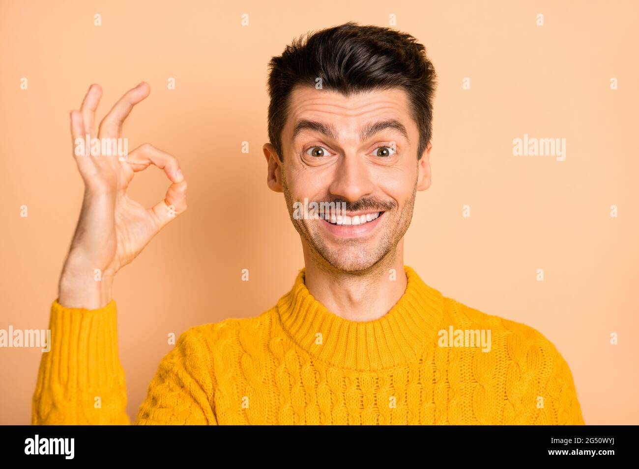 Photo portrait of happy guy showing ok-sign isolated on pastel beige ...