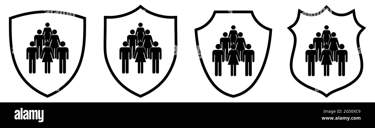 Group of people icon inside shield, different versions. Team or crowd ...