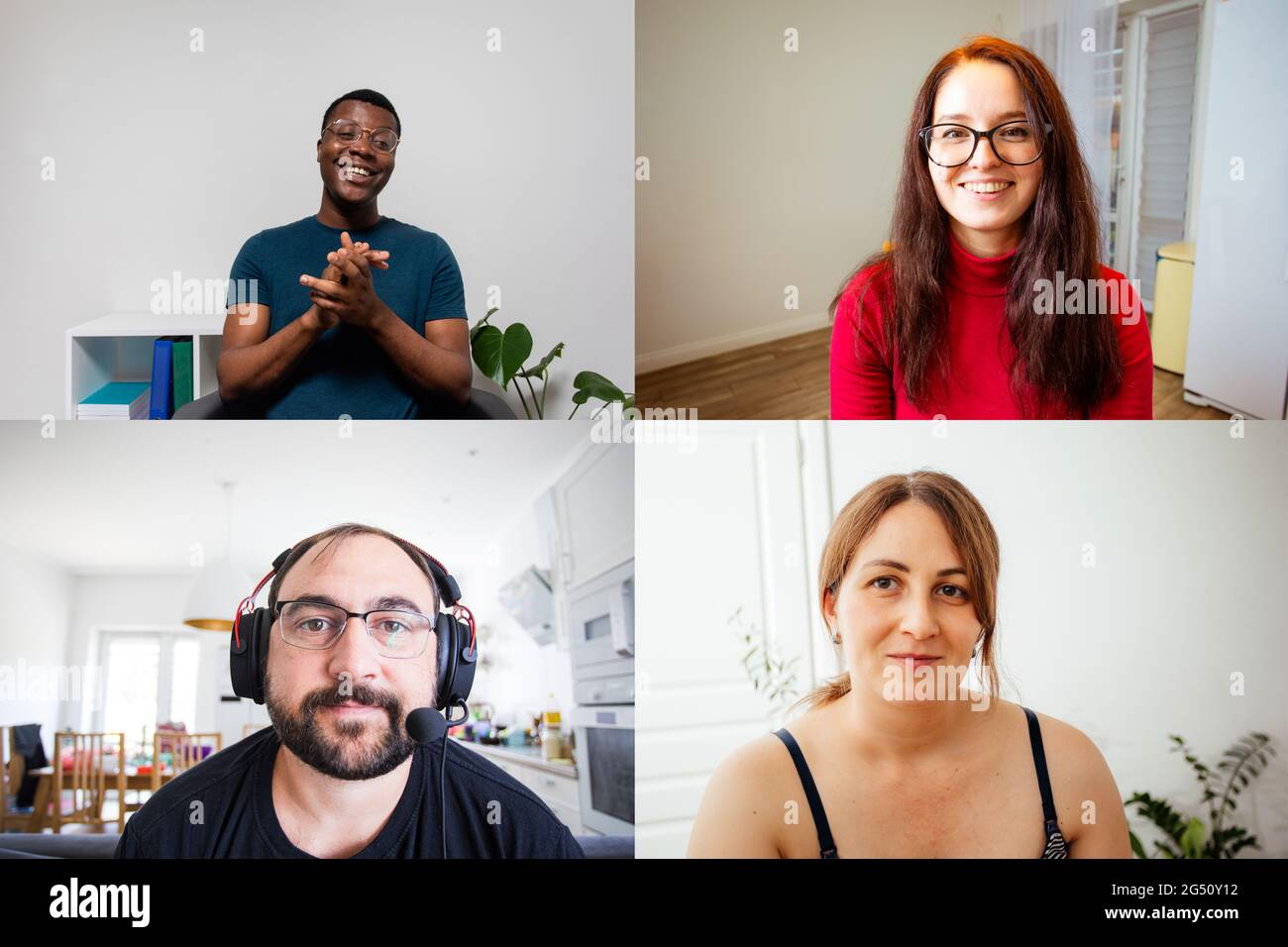 Headshot four friends contacting distantly by video conference call ...